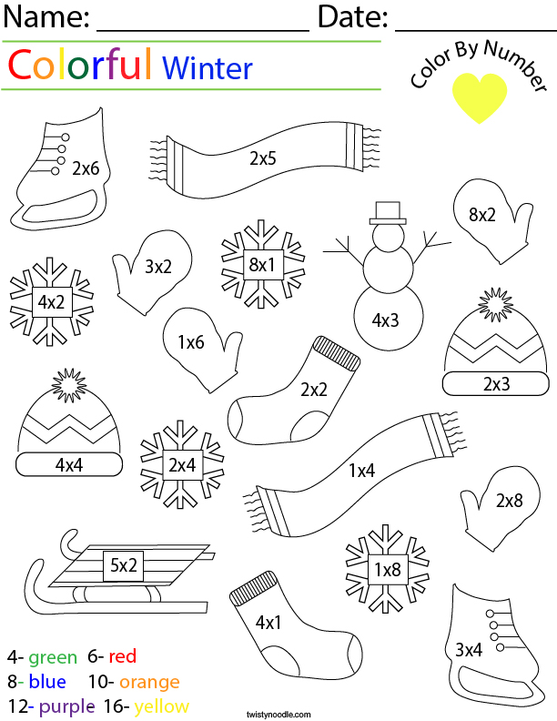 Winter Color By Number Multiplication Math Worksheet Twisty Noodle